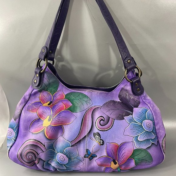 ANUSCHIKA | Bags | Anuschika India Purple Leather Floral Shoulder Bag ...